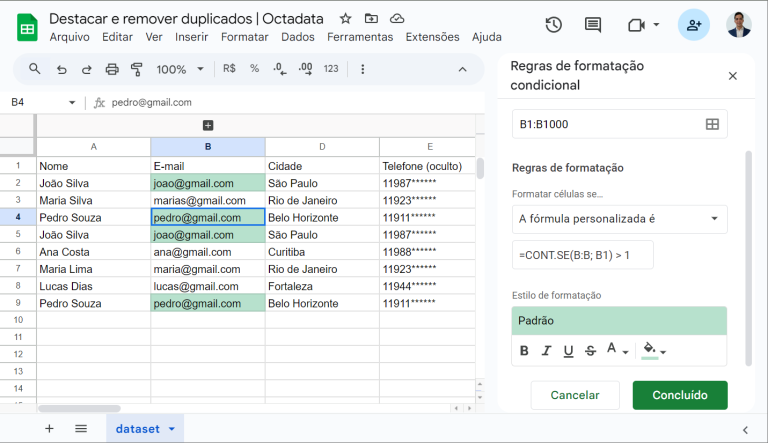Como destacar e remover duplicados no Google Sheets