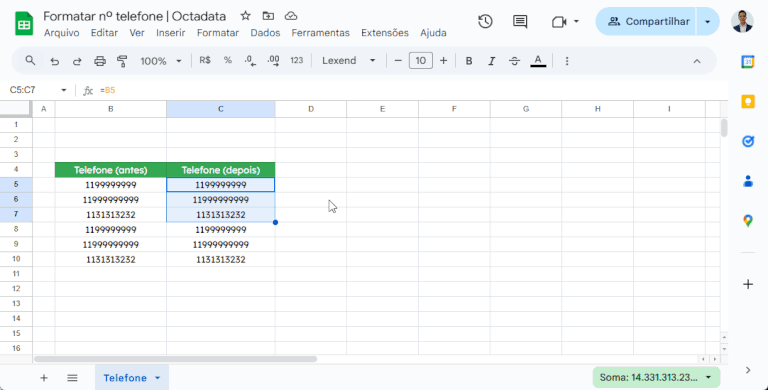 Formatar número de telefone fixo e celular no Google Sheets