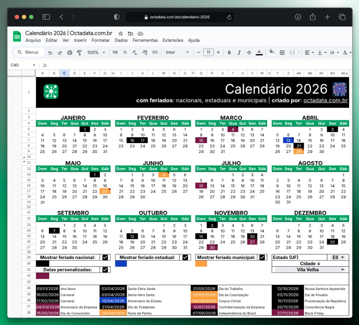Calendário 2026 no Google Sheets com feriados municipais