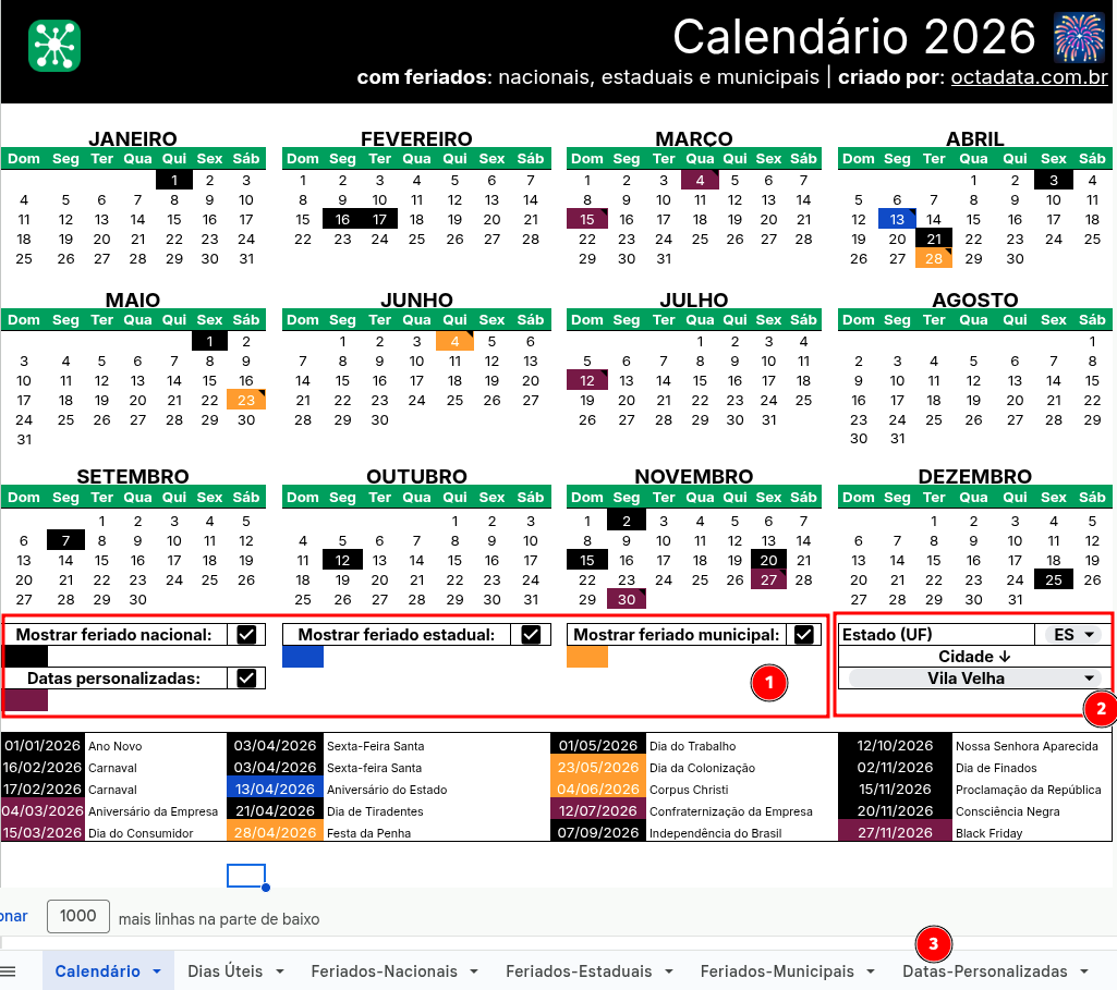 Calendário 2026 no Google Sheets com feriados municipais